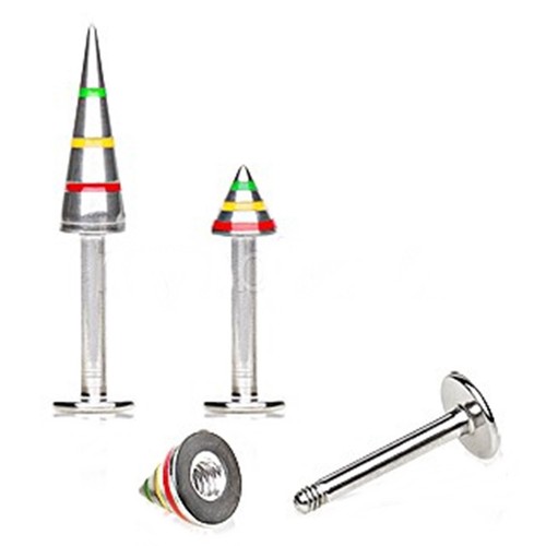 Labret Chin Stud w/Rasta Striped Spike Long 4x12mm 14 Gauge 3/8" Steel ...
