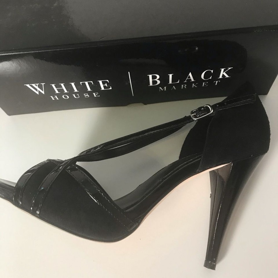WHBM Black Strappy Suede/ Patent Leather Open Toe Pump 4"Heels ‘Lyon’ 6 ...