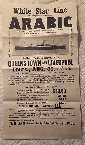 Original Early 1900s White Star Line Arabic Cruise Ship Travel Poster ...