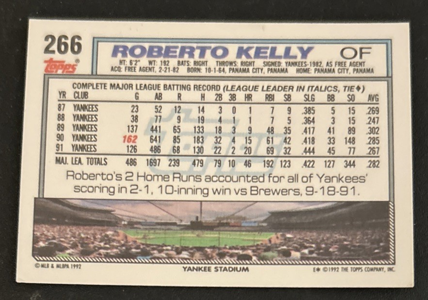1992 Topps Roberto Kelly Baseball Card #266 Yankees OF GD/VG O/C | eBay