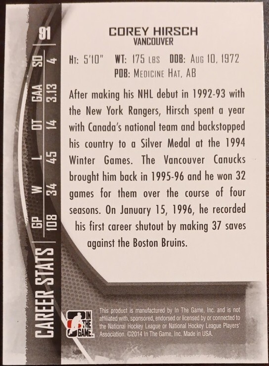 2013 - 2014 ITG Between The Pipes Corey Hirsch Greats Of The Game #91 ...