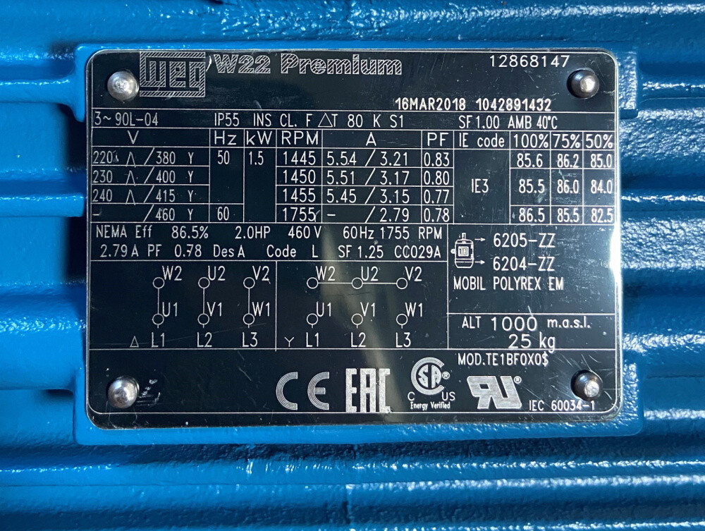 WEG W22 Premium Drehstrommotor 12868147 Antriebstechnik 1,5kW 3 ...