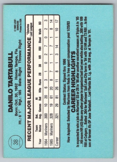 1986 Donruss - Rated Rookie #38 Danny Tartabull for sale online | eBay