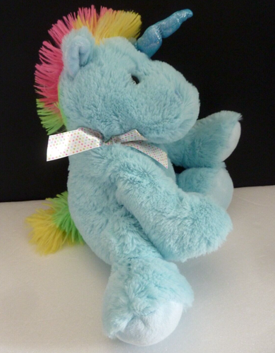 D. Doudou peluche Max et Sax LICORNE bleu crinière fluo vert 30cm ...
