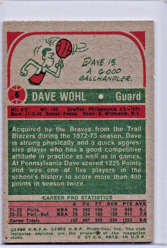 1973-74 Topps Basketball #6 Dave Wohl | eBay