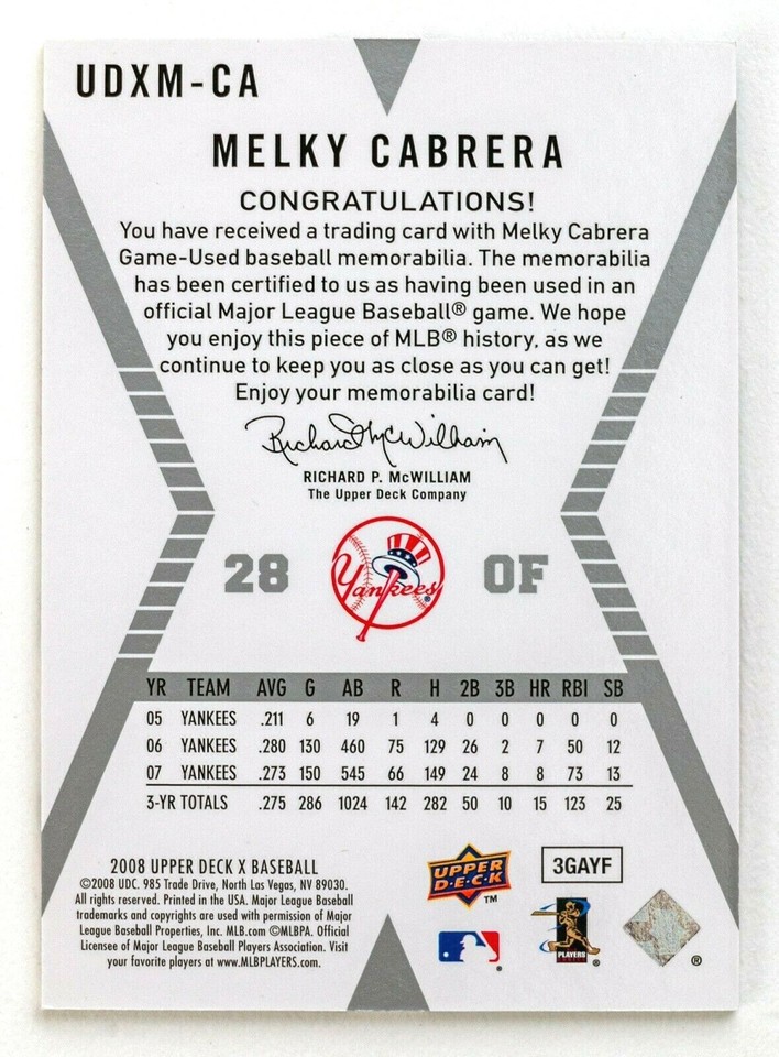 Melky Cabrera #UDXM-CA (2008 Upper Deck X) Baseball X Jersey Card, NY ...