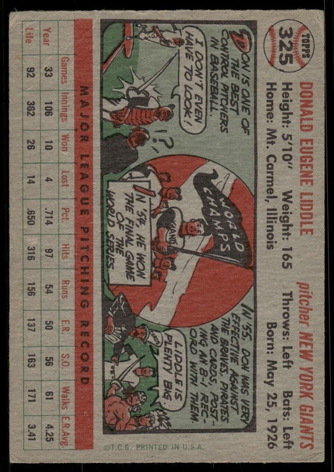 1956 Topps - Don Liddle #325 | eBay