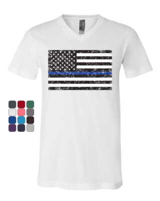 American Flag Thin Blue Line V-Neck T-Shirt Police USA Law Enforcement ...