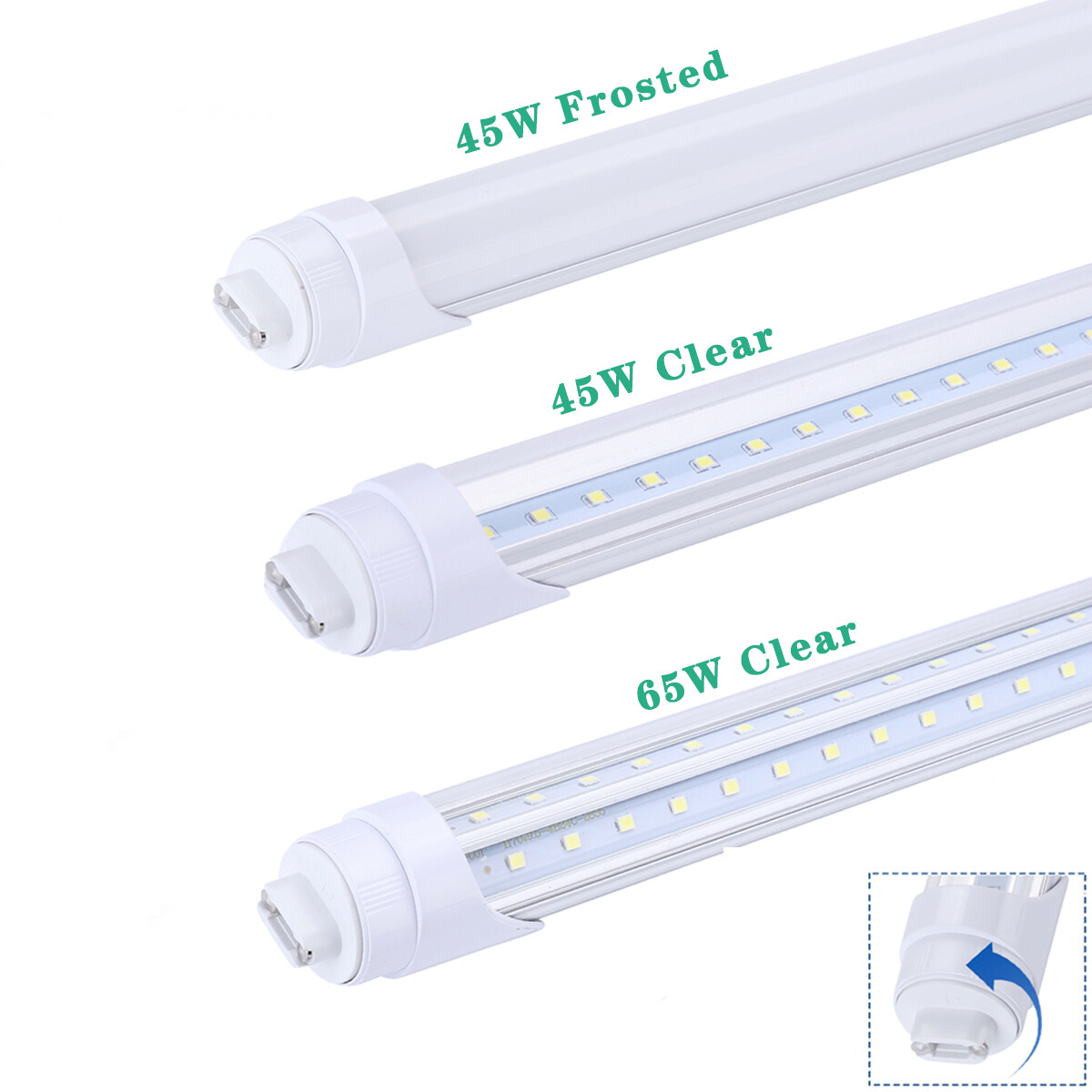 8FT LED Tube Light Bulbs HO Base T8 Rotatable 45W 65W R17D 8 Foot LED ...