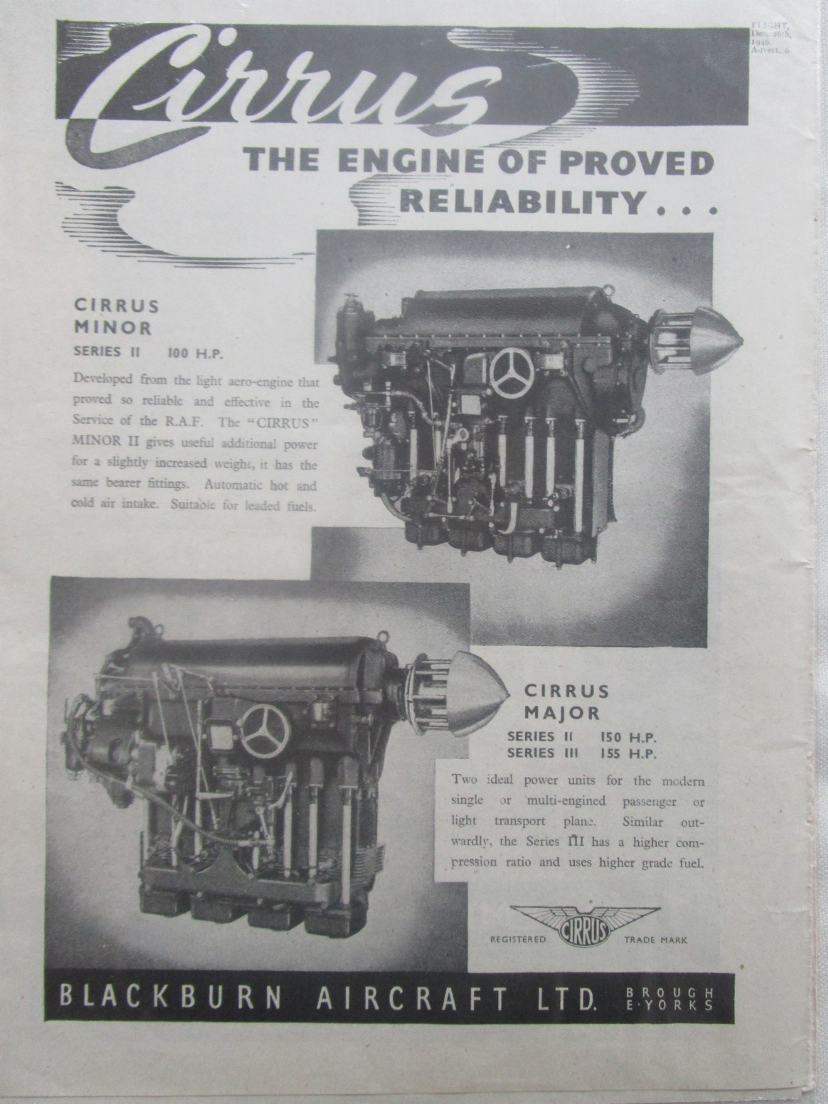 10/1946 PUB BLACKBURN AIRCRAFT CIRRUS MINOR MAJOR AERO ENGINE MOTEUR ...