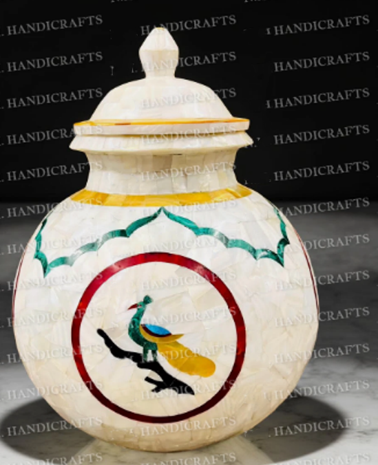 15'' white Marble Flower pot Vase matka with lid inlay mop malachite ...