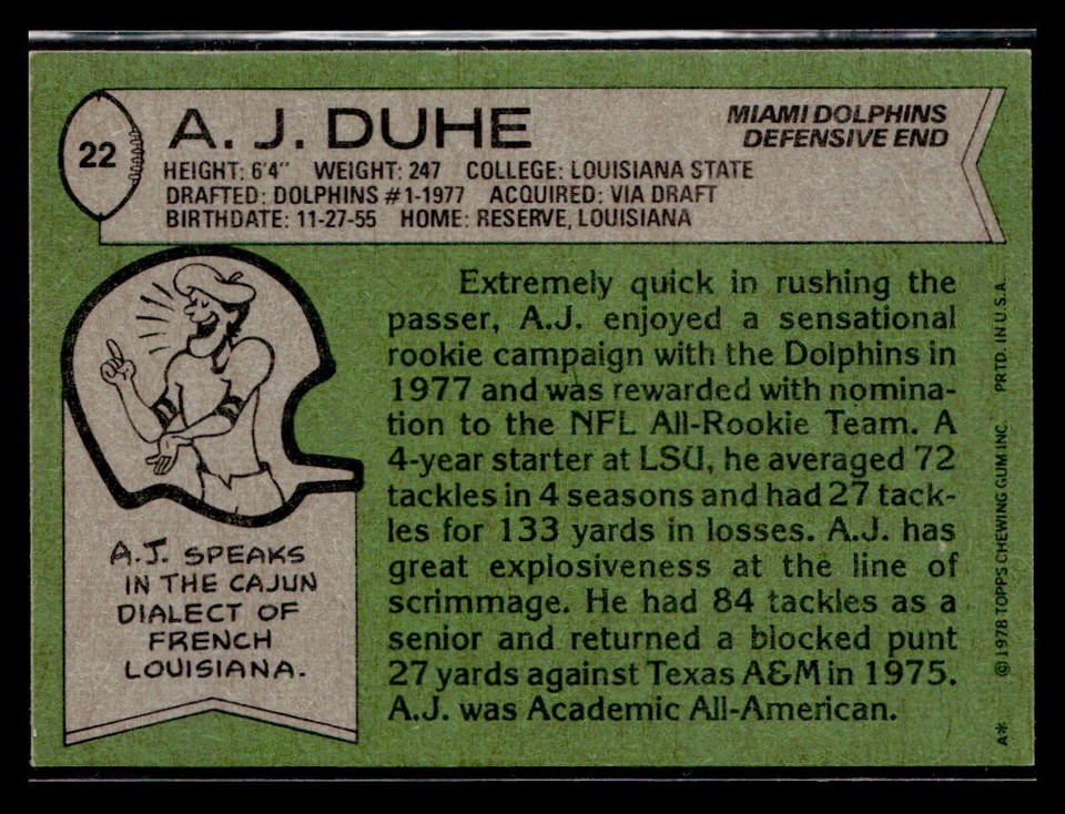 1978 Topps #22 A.J. Duhe | eBay