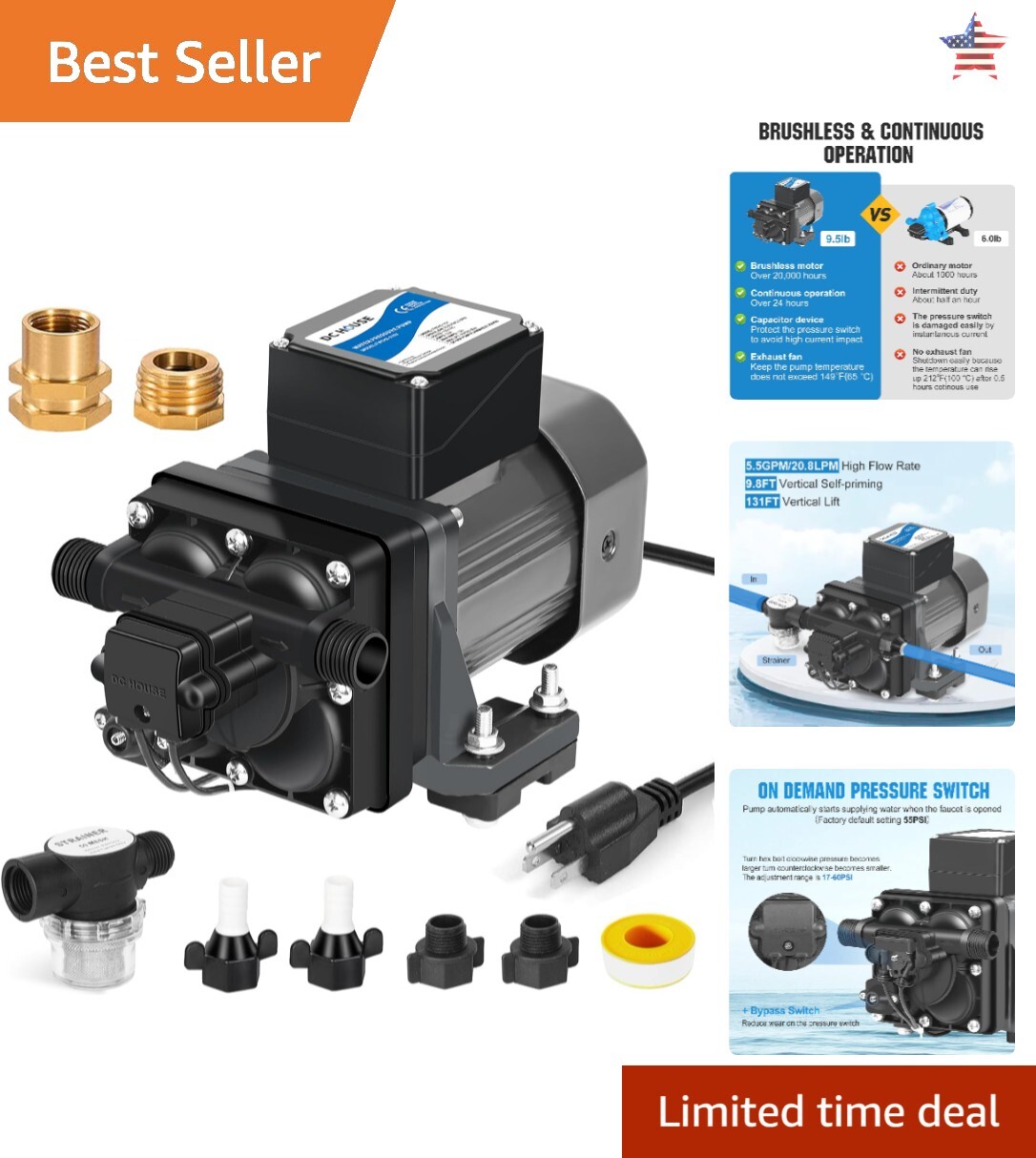 High Volume Water Transfer Pump - 110V AC, 5.5GPM, 55PSI, Brushless ...