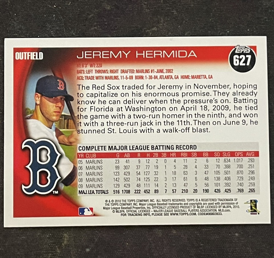 TOPPS 2010 MLB JEREMY HERMIDA #627 OUTFIELD BOSTON RED SOX BASEBALL ...
