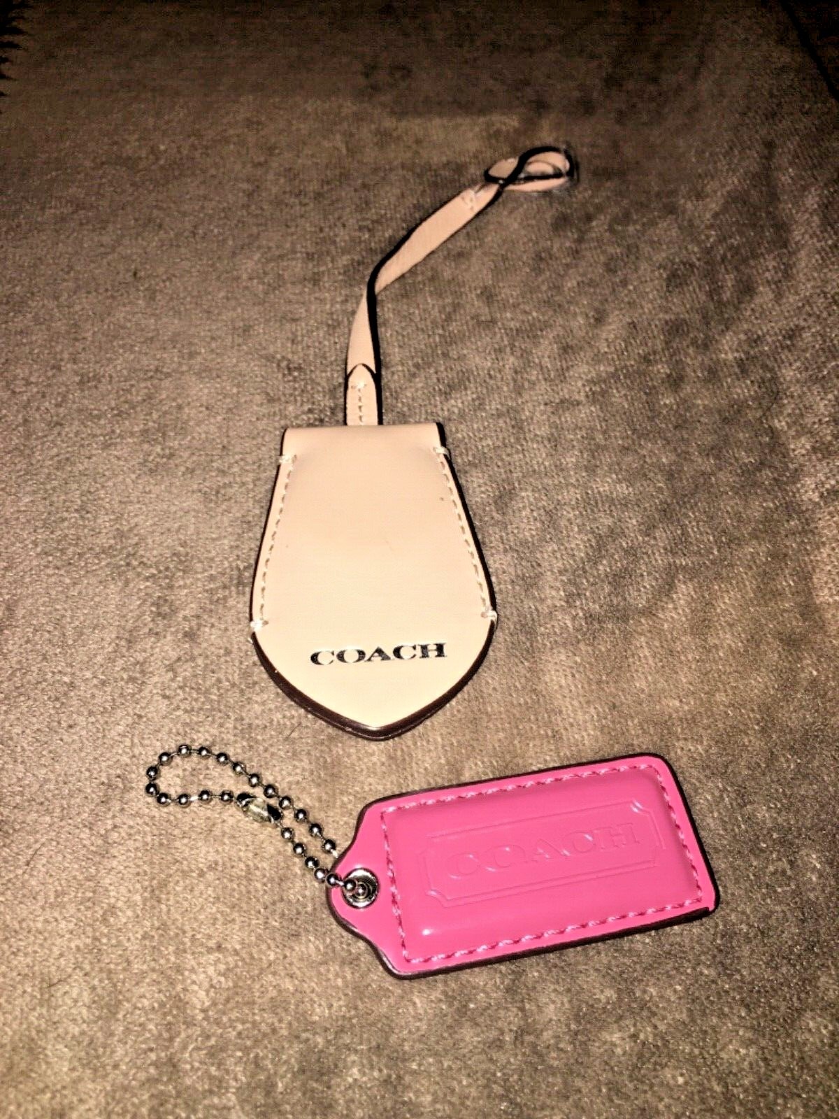 COACH Tags 2 Beige & Pink Keychain Hangtag Leather Embossed Charm Fob ...