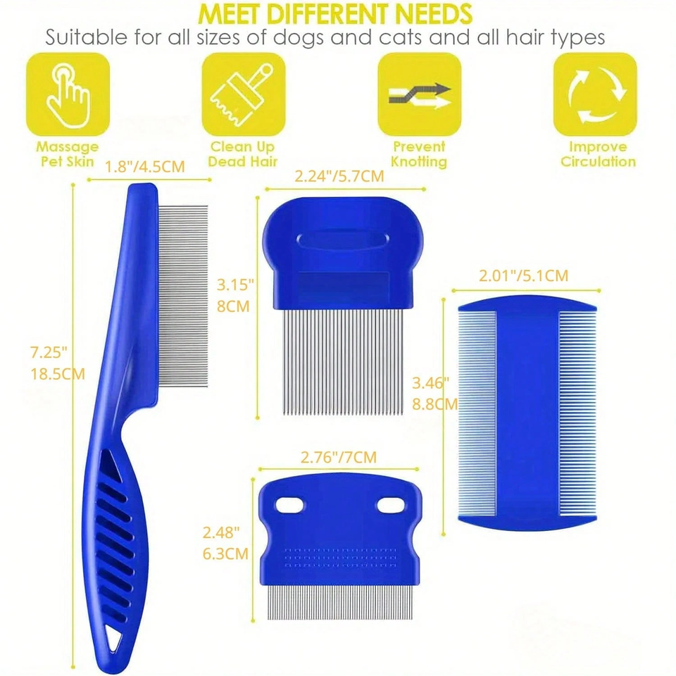 4 Pack Dog Cat Grooming Combs Flea Lice Comb Double Sided Professional ...