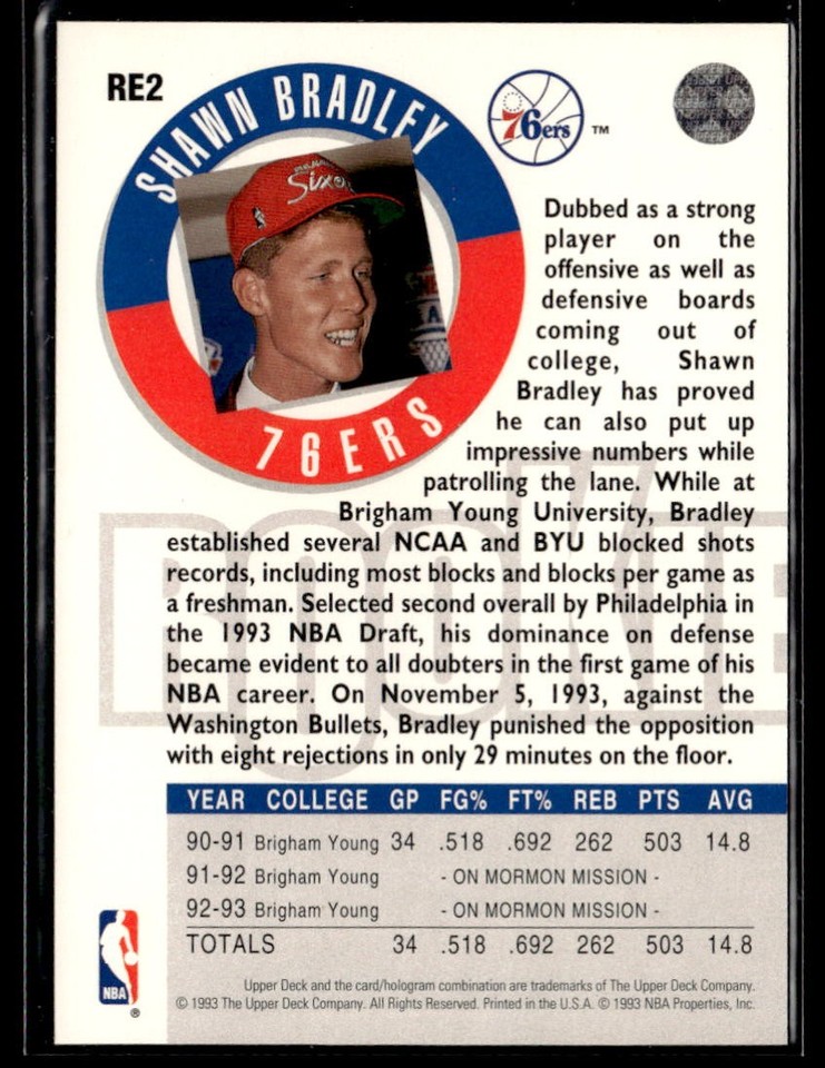1993-94 Upper Deck #RE2 Shawn Bradley Rookie Exchange Silver Card 1103J ...