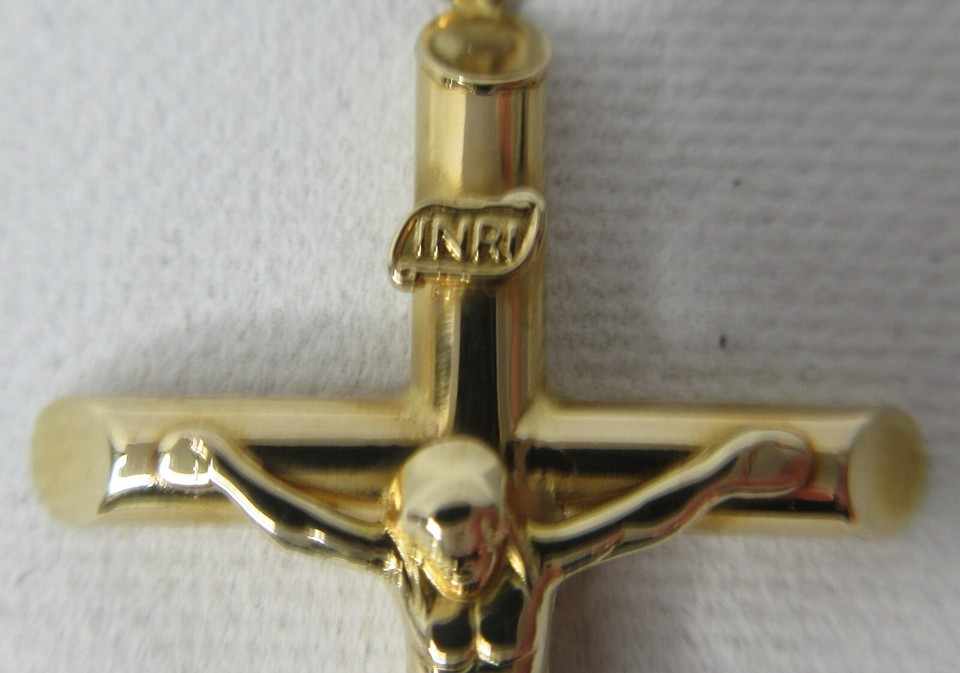 14K Yellow Gold Crucifix Cross INRI 1.75" Pendant Religious Jesus ...