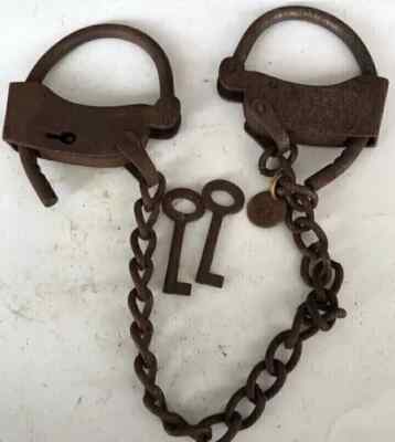 Adjustable Handcuffs Antique Prison Old Handcuffs with Chain & Key | eBay