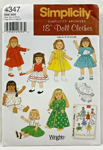 2005 Simplicity Sewing Pattern 4347 18" Doll Wardrobe 8 Retro Designs ...