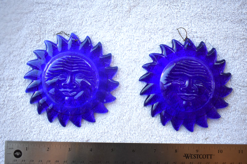 Vintage Pair Cobalt Blue Sun Face Impression Art Glass Suncatcher | eBay
