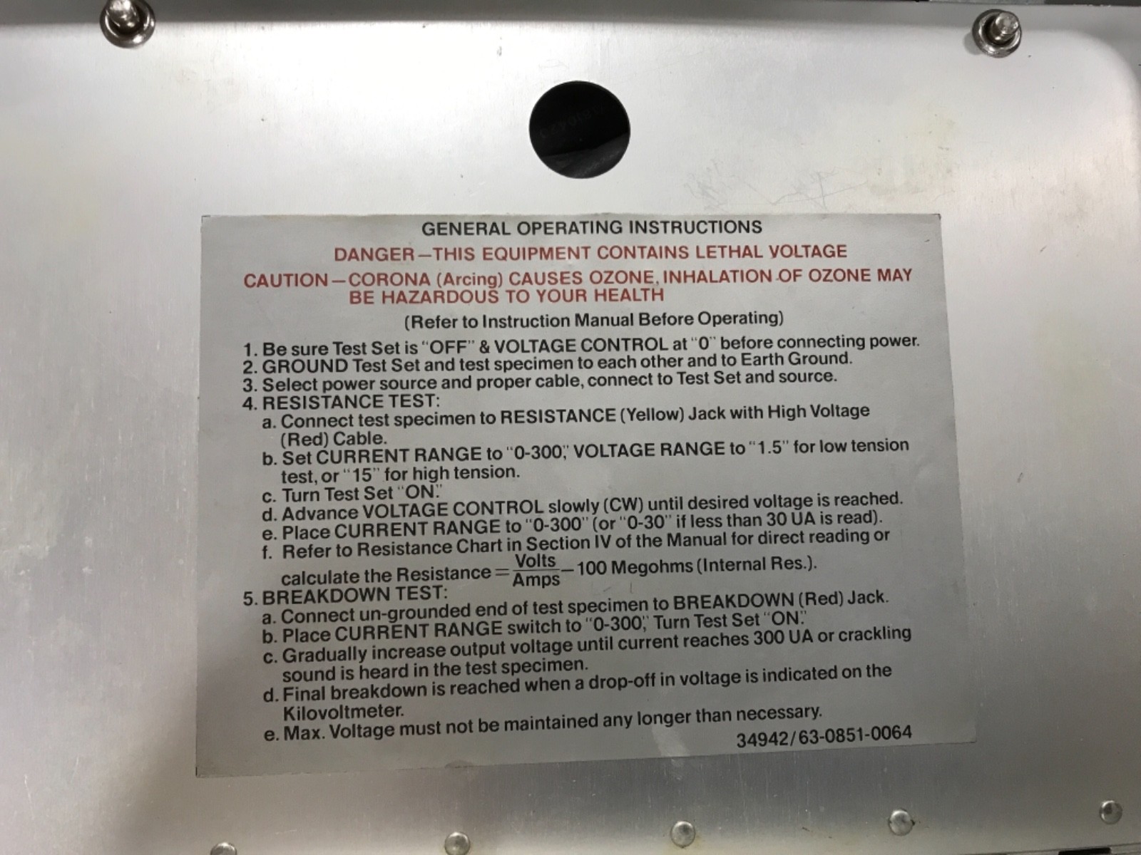 VAL-TRONICS INSULATION AND DIELECTRIC TESTER MD-1A MODEL 0851 | eBay