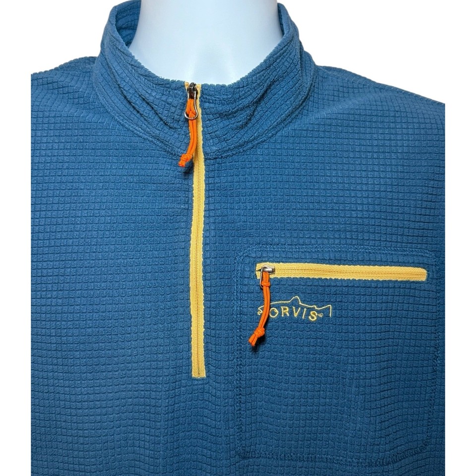 Orvis Trout Bum Mens M Blue Pullover Waffle Fleece 1/4 Zip Pocket ...