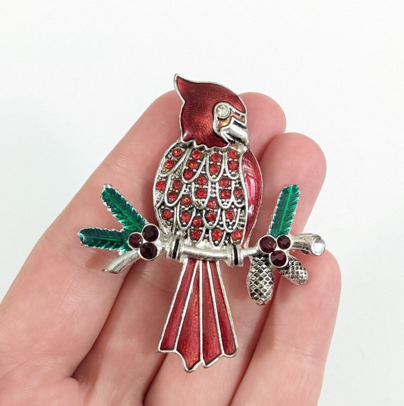 Cardinal Shaped Bird Brooch With Rhinestones And Enam… - Gem