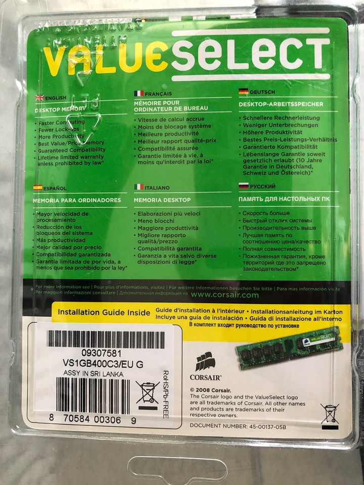 Corsair DDR1 1GB Value Select Ram Memory 400 MHz VS1GB400C3 ...