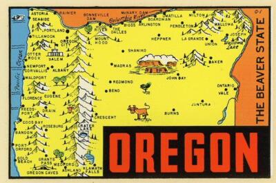 VINTAGE OREGON BEAVER STATE MAP SOUVENIR TRAVEL AUTO WINDOW WATER DECAL ...