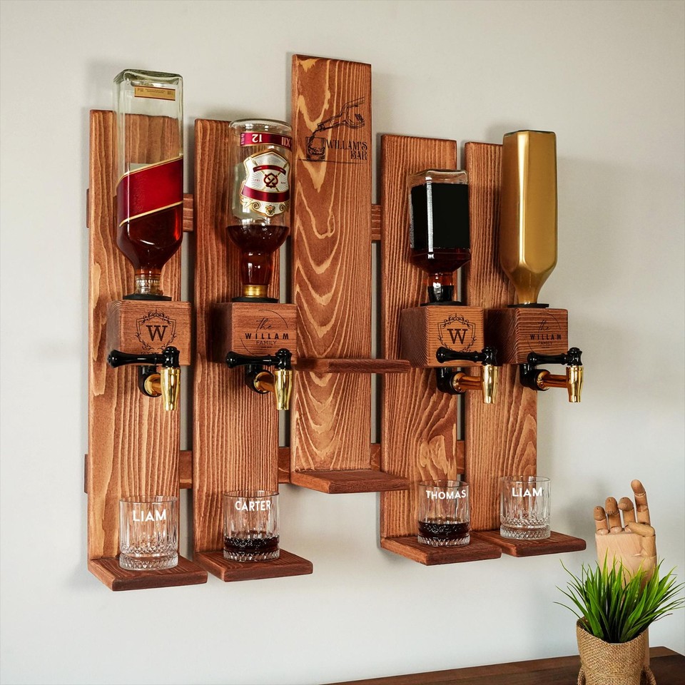 Wooden Wall Mounted Whiskey Dispenser, Custom Engraved Spirit Rack with ...