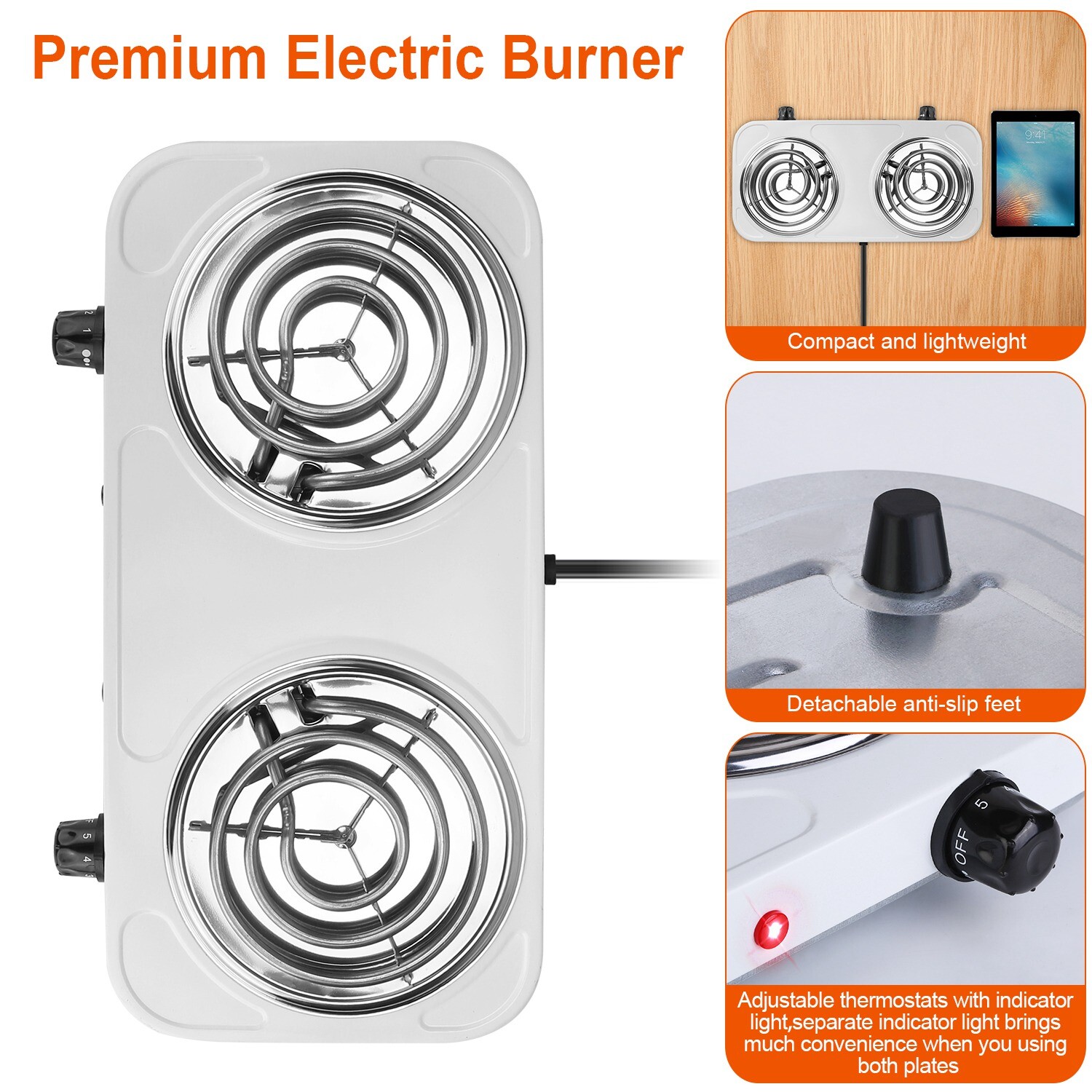 Electric Double Burner Hot Plates for Cooking 5 Heating Levels Heating ...