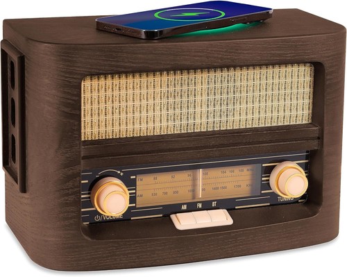 Vintage wood Radio Wireless Charging Pad AM/FM Radio Speaker Bluetooth ...