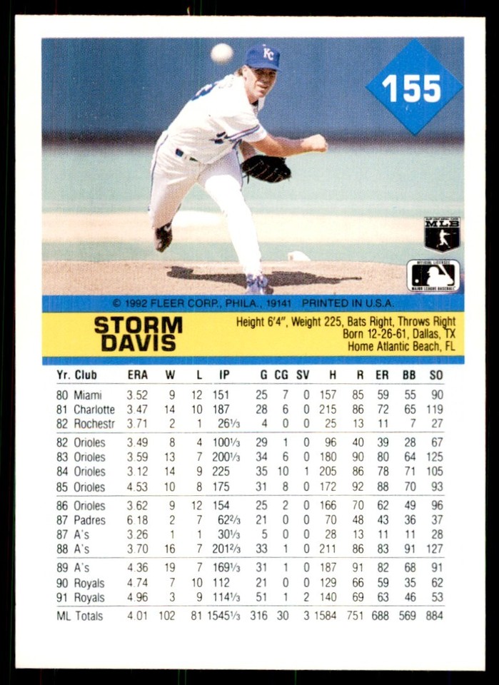 1992 Fleer Storm Davis Baseball Cards #155 | eBay