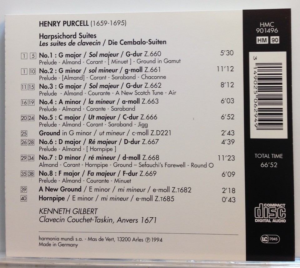 Purcell, Kenneth Gilbert: Harpsichord Suites (CD 1994 Harmonia Mundi ...