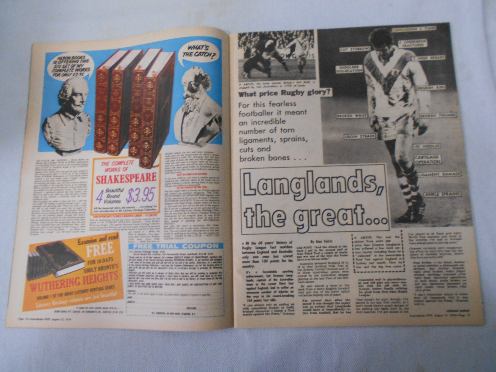 #E. AUSTRALASIAN POST MAGAZINE, 15 AUG. 1974 - GRAEME LANGLANDS RUGBY ...