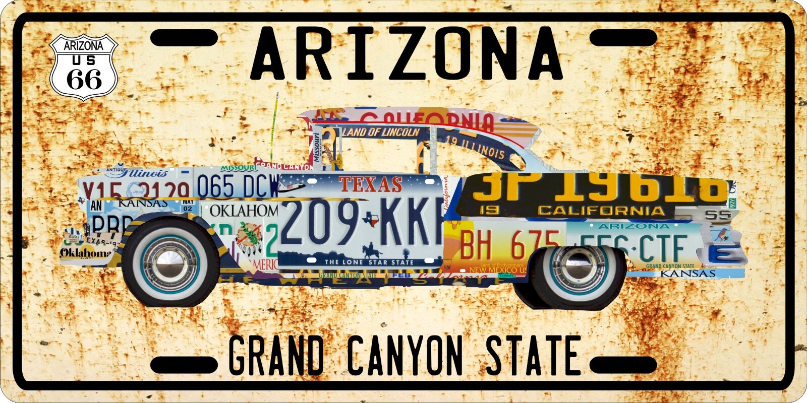 Route 66 Mother Road of America Old Car Weathered Rust Arizona License ...