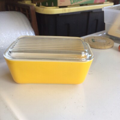Pyrex Yellow #502 1 1/2 Pint Refrigerator Dish w/Clear Ribbed Glass Lid ...