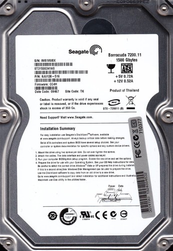 FOR DATA RECOVERY ST31500341AS p/n: 9JU138-516 s/n: 9VS TK 2009-2010 ...