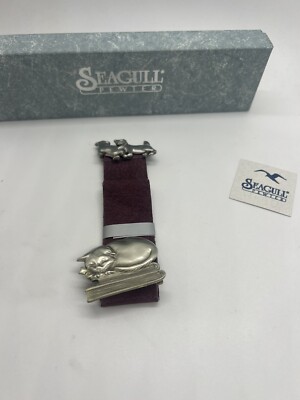 VINTAGE SEAGULL PEWTER SITTING CAT BLUE GROSGRAIN RIBBON BOOKMARK NEW ...