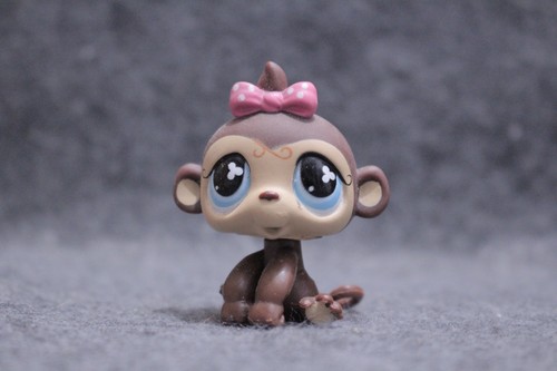 Authentic Littlest Pet Shop LPS Dark Brown Tan Baby Monkey Pink Bow ...