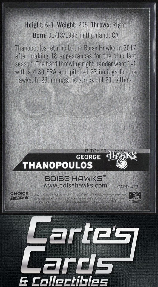 George Thanopoulos 2017 Choice Boise Hawks #23 Boise Hawks | eBay