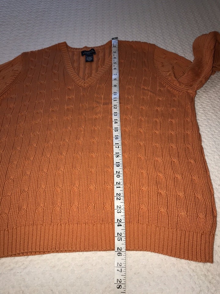 Cable Knit Sweater Women 2X V Neck 100% Cotton Orange Preppy Comfy 3/4 ...