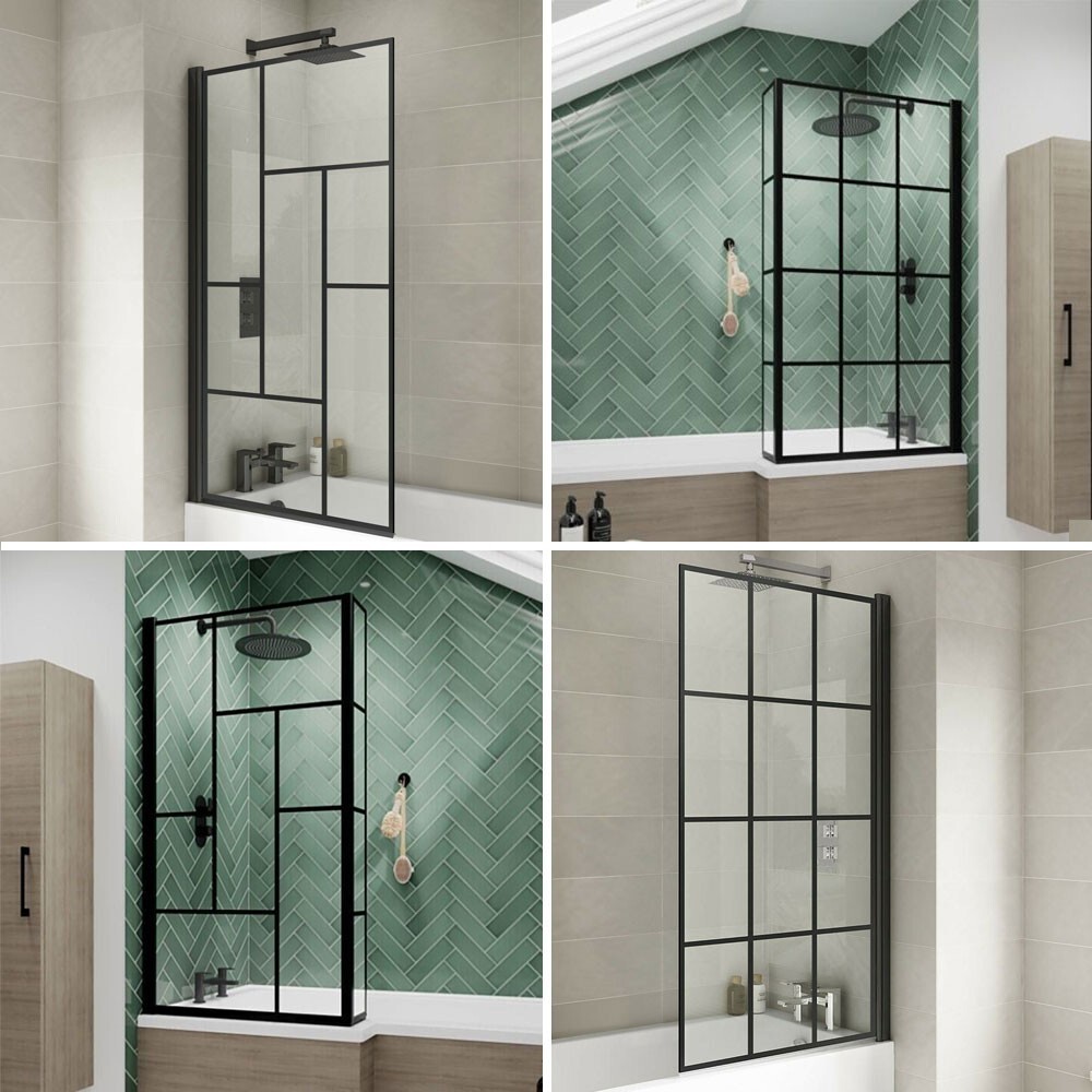 Designer Matt Black Bath Shower Screen Abstract Grid 6mm Safety Glass ...