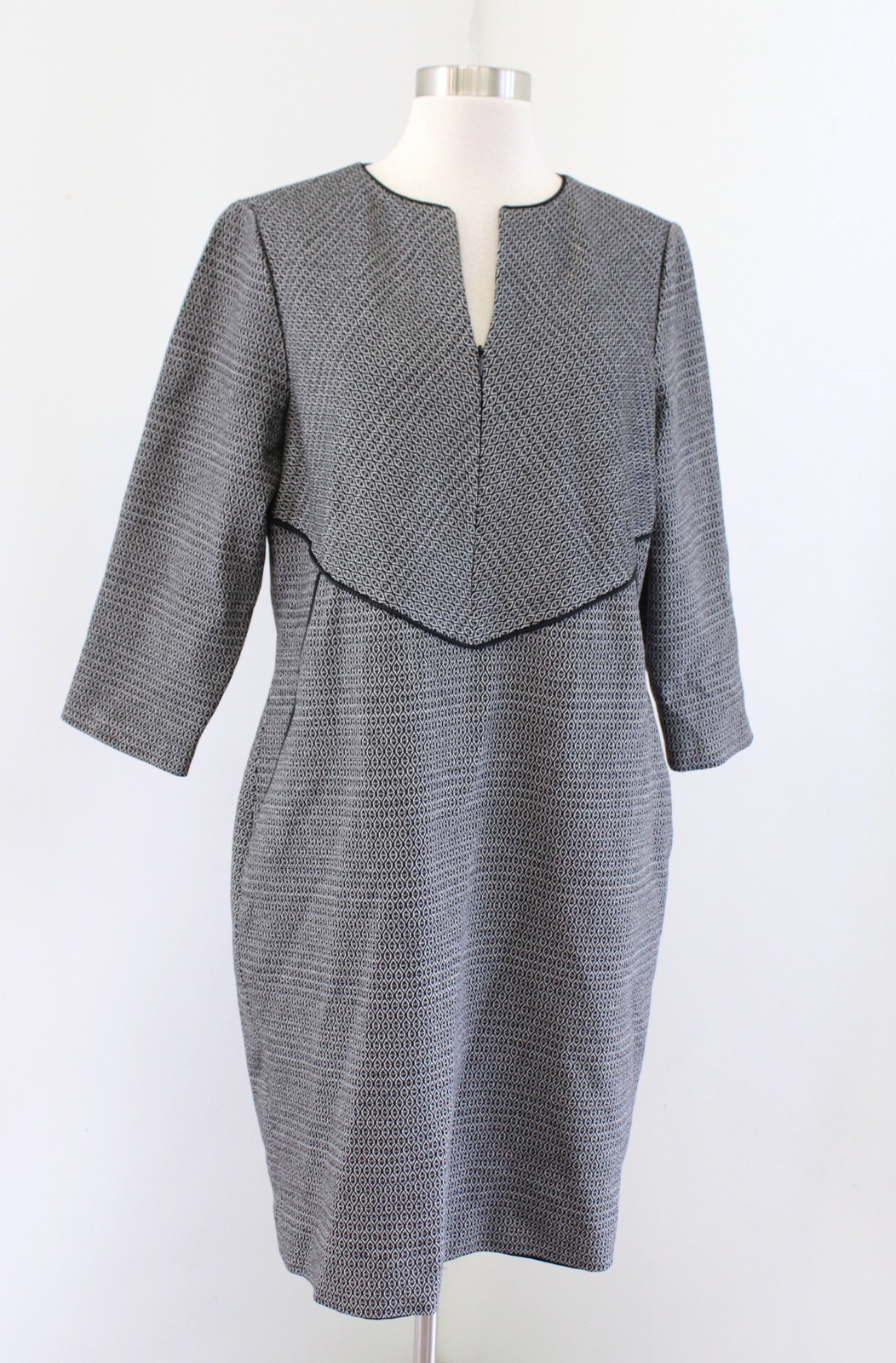 Etcetera Black White Geometric Print Knit Ponte Shift Dress Split Neck ...