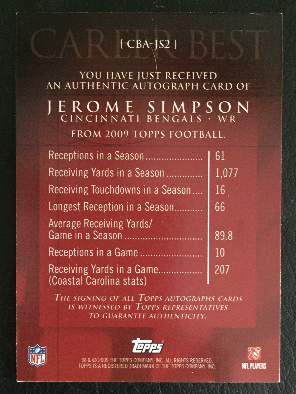 2009 Topps - Career Best Autographs Jerome Simpson #CBA-JS2 (AU) for ...