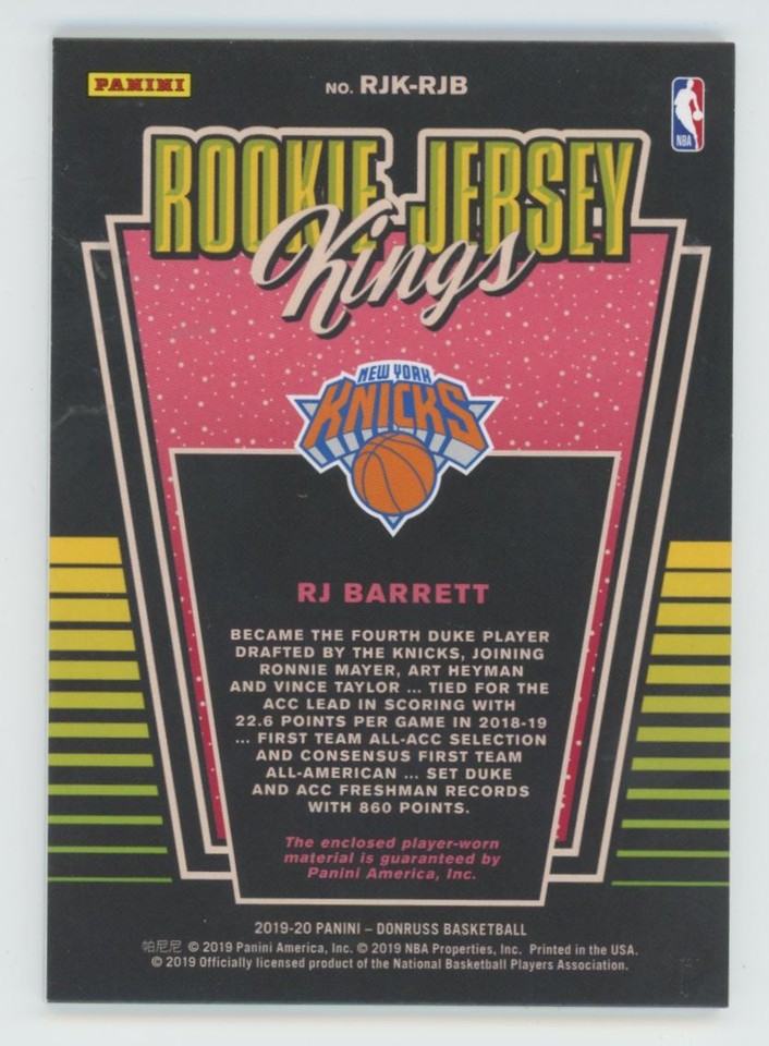RJ Barrett 2019-20 Donruss Rookie Jersey Kings RC /99 Jersey #RJK-RJB ...