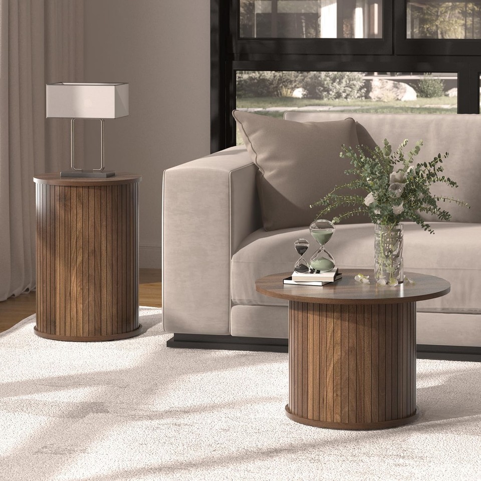 Set of 2 Round Nesting Coffee Tables for Living Room, Fluted Circle ...