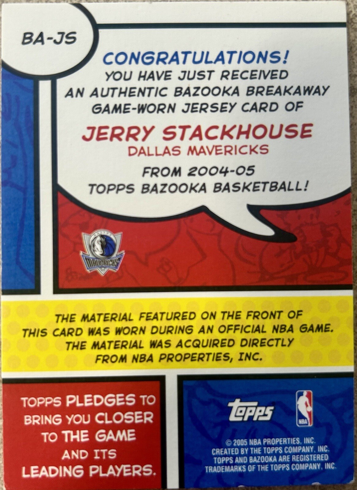 2004-05 Jerry Stackhouse Bazooka Game Worn-Jersey Patch | eBay