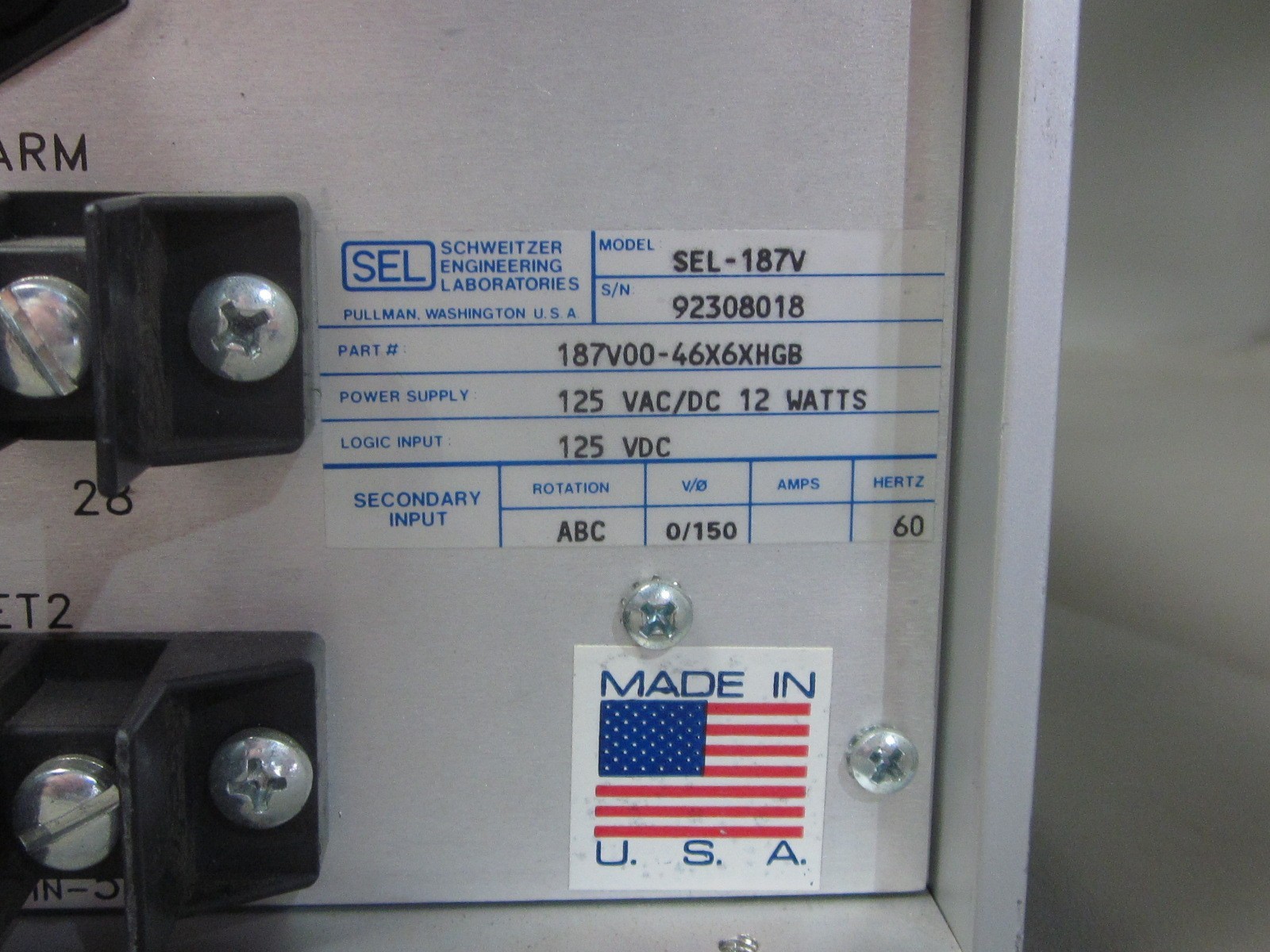 SCHWEITZER ENGINEERING LABORATORIES SEL-187V VOLTAGE LEVEL RELAY ...